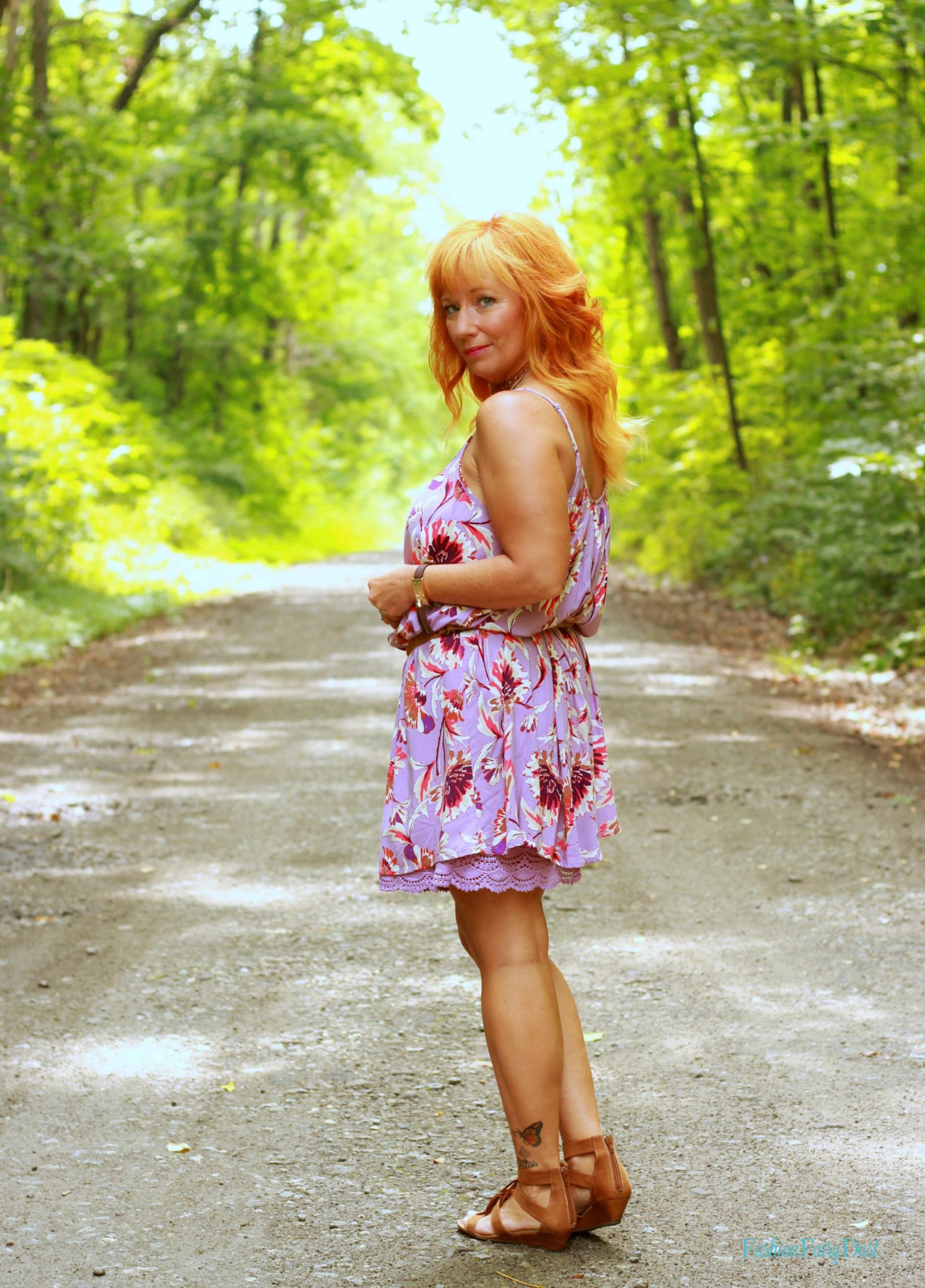 Lavender Print Sundress & Suede Wrap Belt: Secrets In The Cornfield